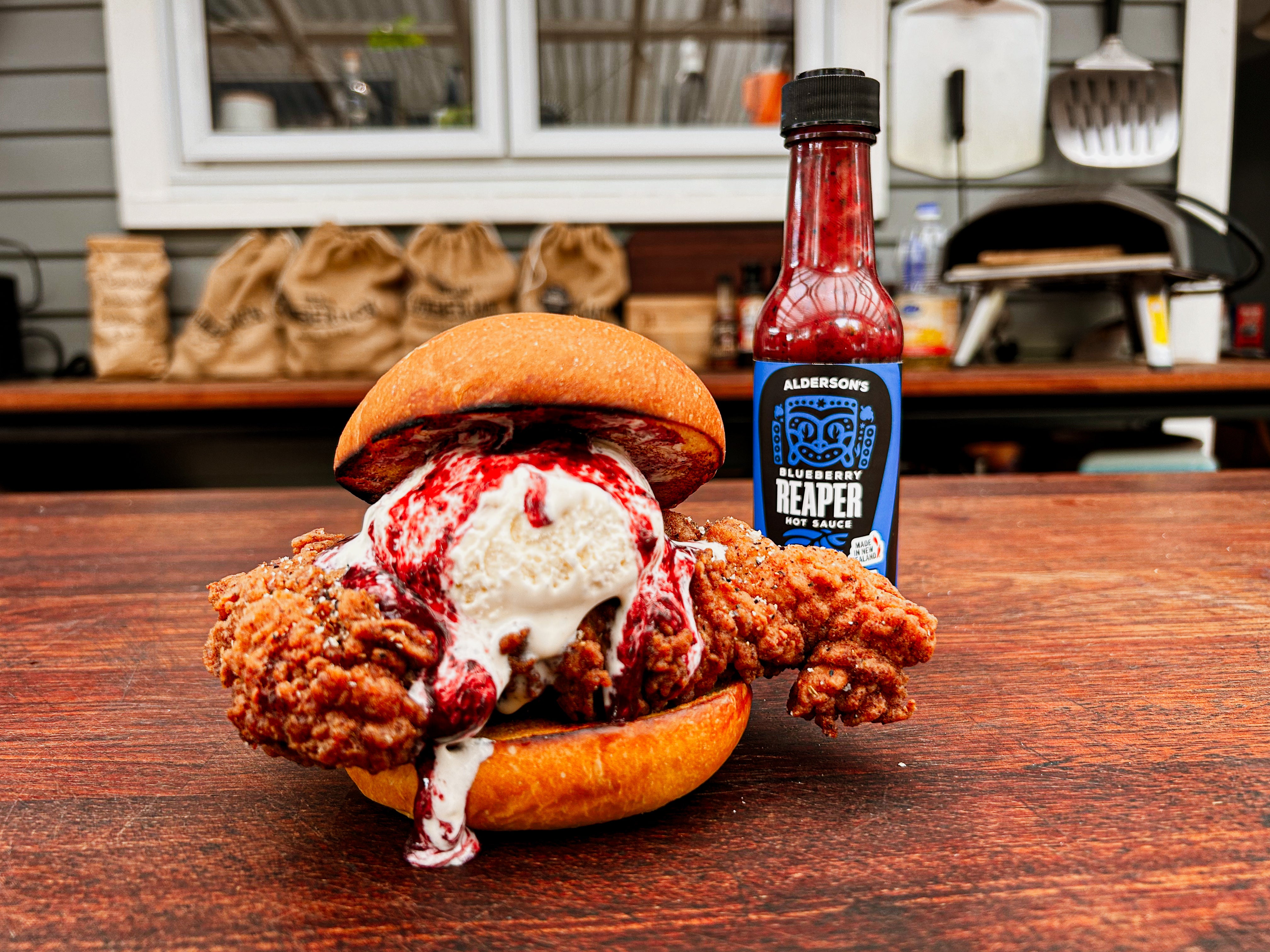 Buttermilk Fried chicken Sandwich w' Vanilla Ice Cream and Blueberry R ...